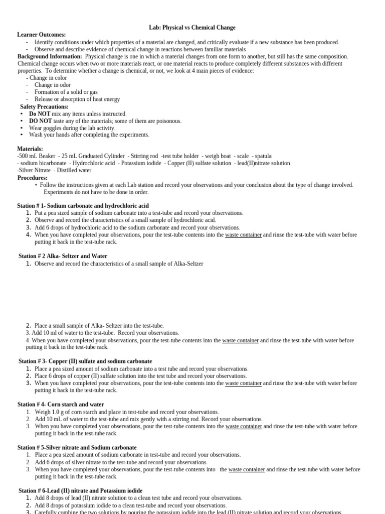 Physical vs Chemical Change Lab Guide | PDF | Chemical Reactions ...
