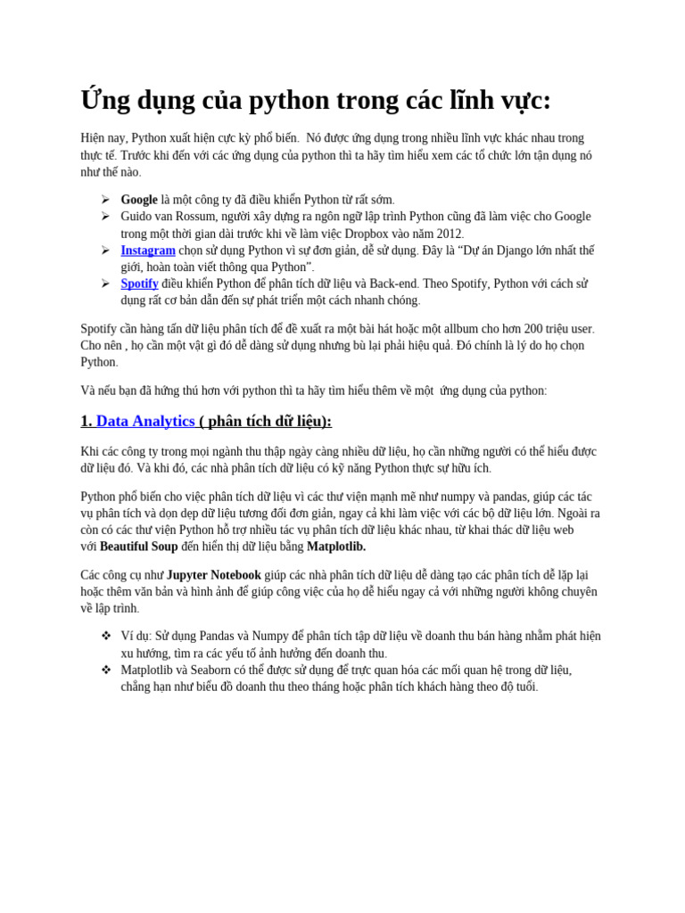 NG D NG C A Python Trong Các Lĩnh V C | PDF