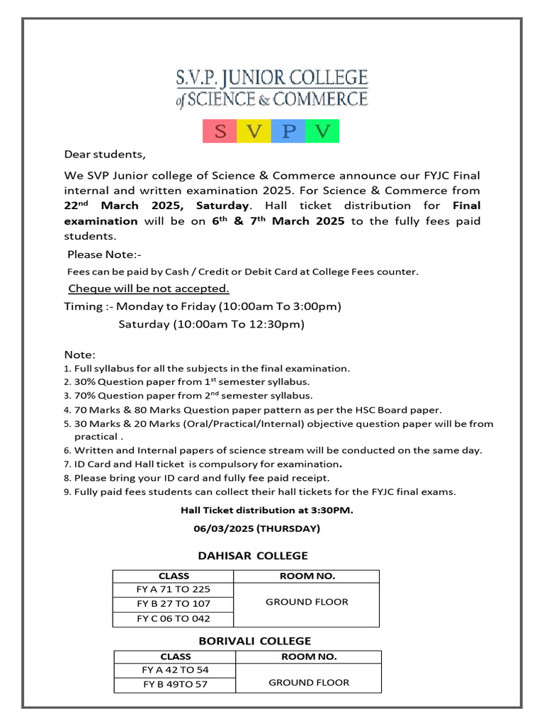 Hall Ticket Distribution for FYJC Exams | PDF