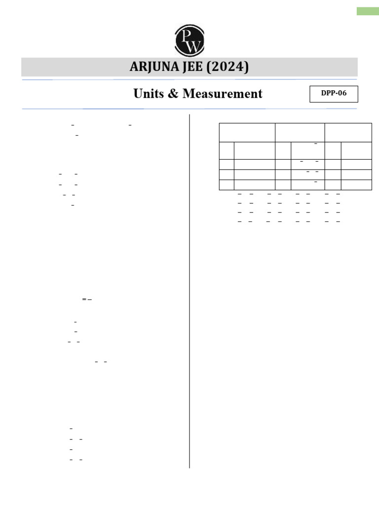 Units & Measurement _ DPP 06 (of Lec 10) __ Arjuna JEE 2024 | PDF | Physics | Physical Quantities