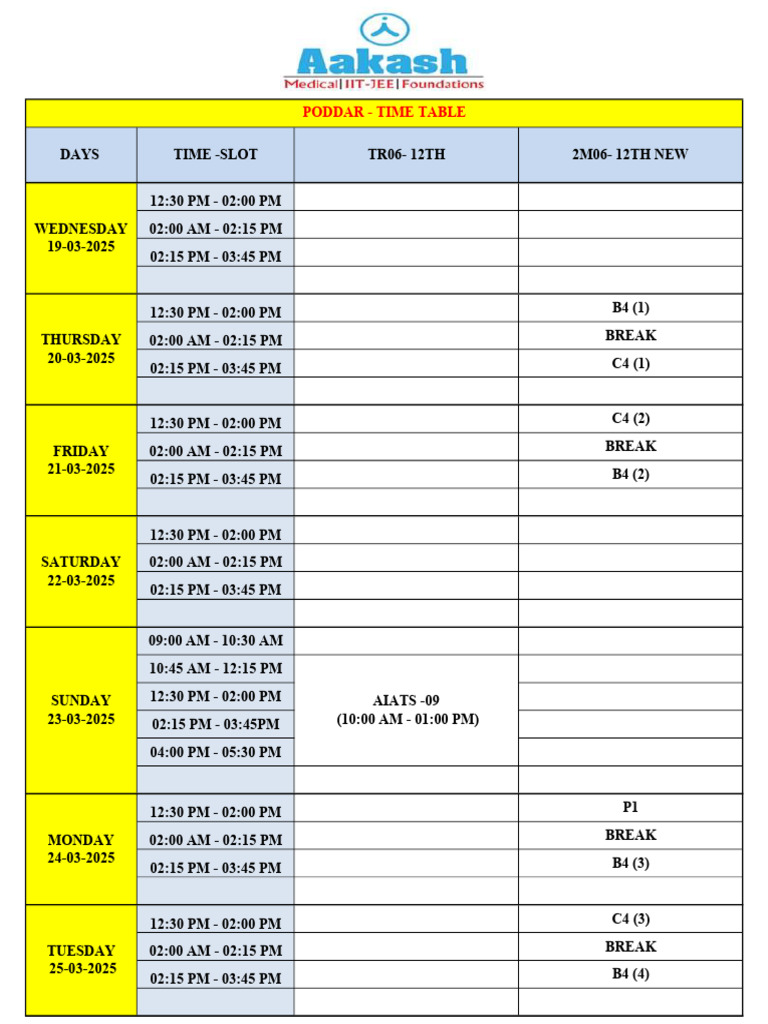 PODAR (XI & XII) - TIME TABLE - 19-03-2025 To 25-03-2025 | PDF