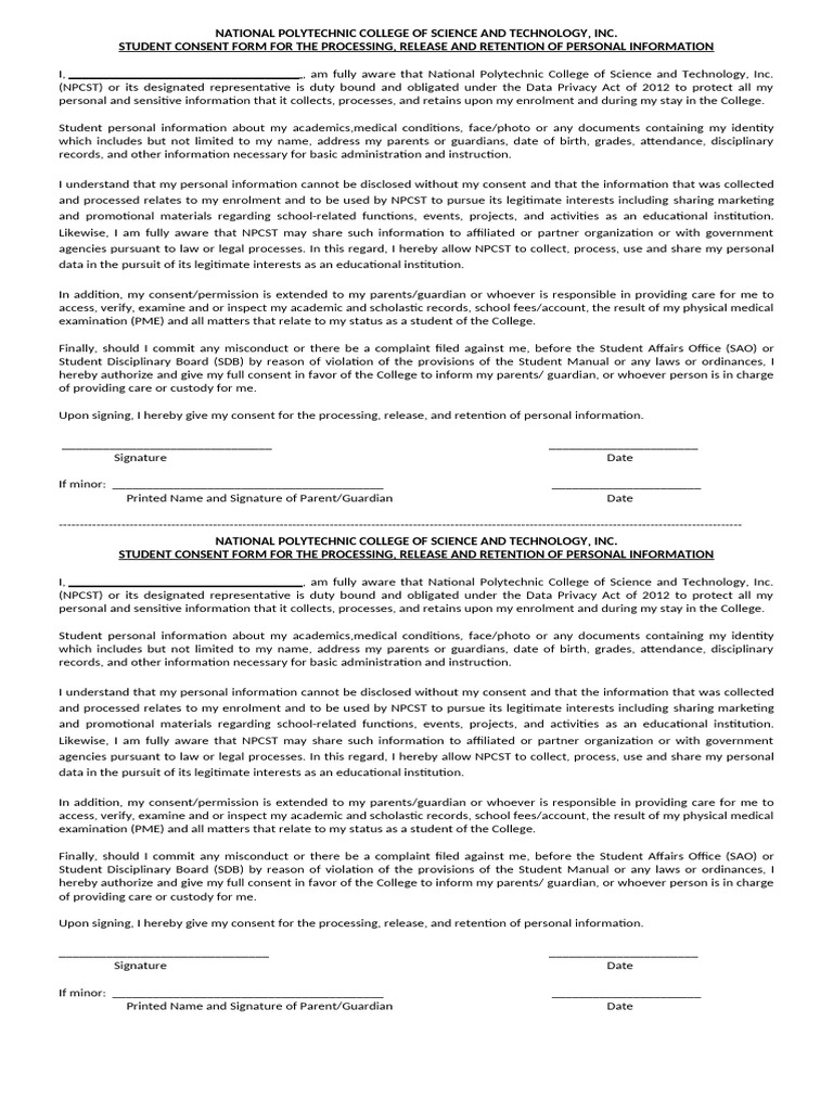 NPCST Student Consent Form 2026 | PDF | Consent | Privacy