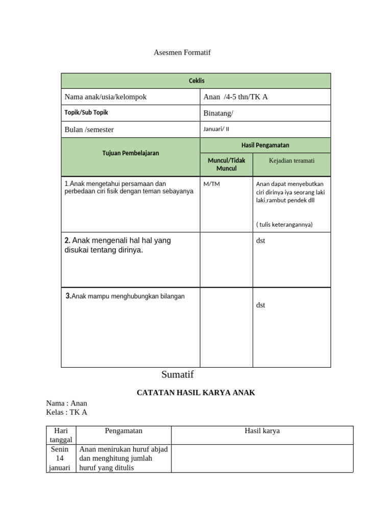 Asesmen Formatif Anak TK A | PDF
