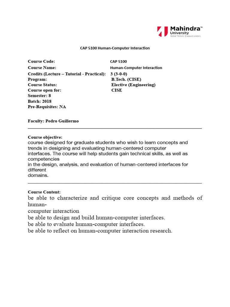 CAP 5100 Human-Computer Interaction | PDF | Human–Computer Interaction | Interface (Computing)