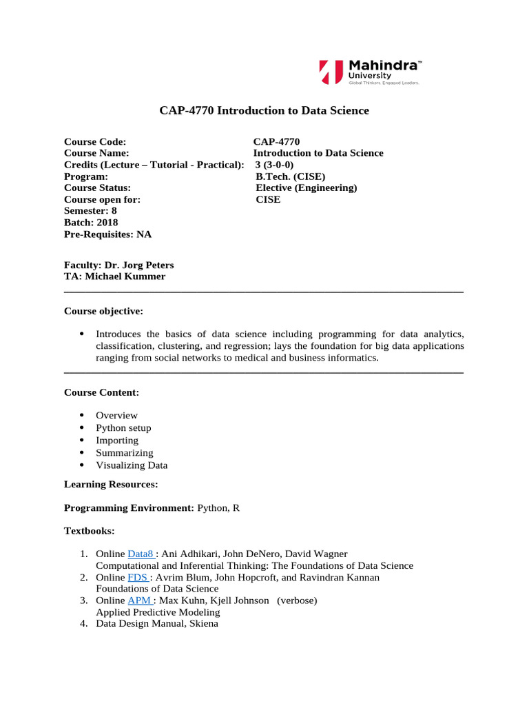 Introduction to Data Science Course CAP-4770 | PDF