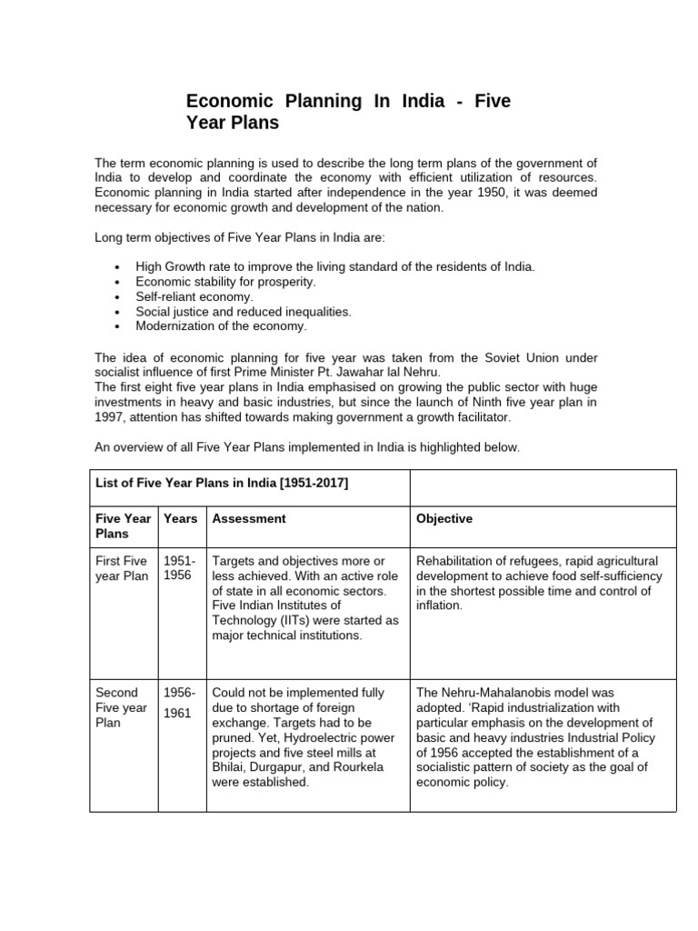 Economic Planning in India: Five Year Plans | PDF | Economic Growth ...