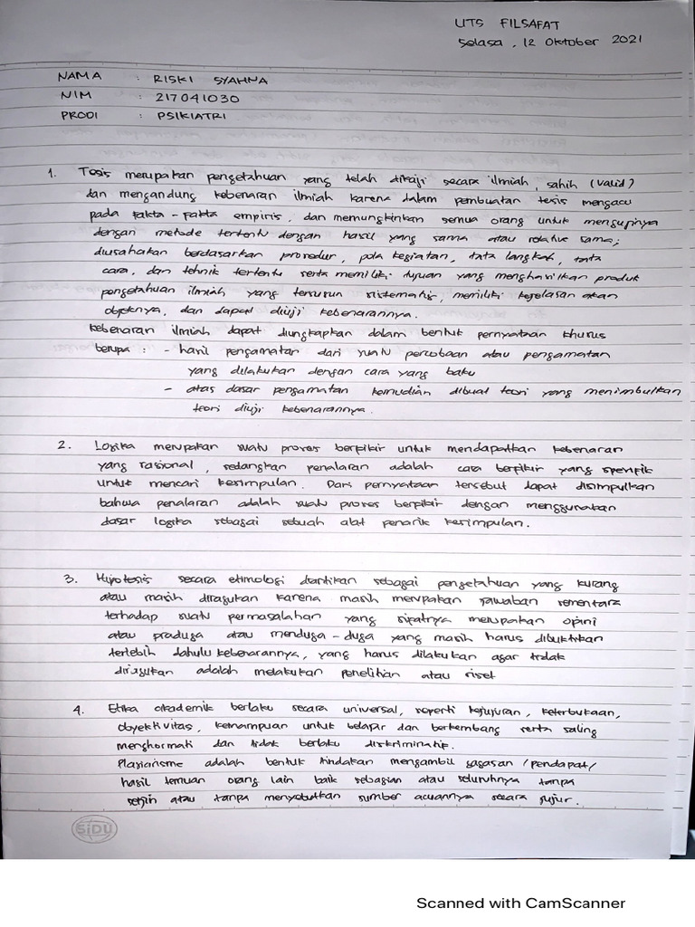 UTS Filsafat - Riski Syahna - 217041030 (1) | PDF