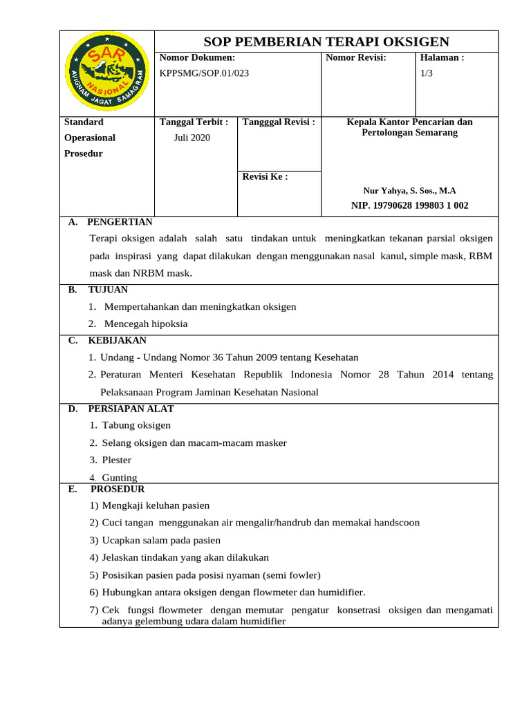 SOP Pemberian Terapi Oksigen | PDF
