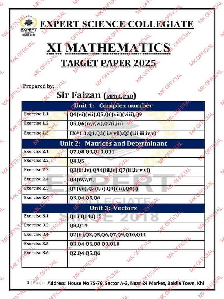 Xi Maths Target Paper 2025 - MK Official | PDF