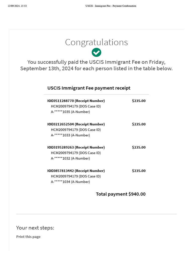 USCIS - Immigrant Fee - Payment Confirmation | PDF | United States ...