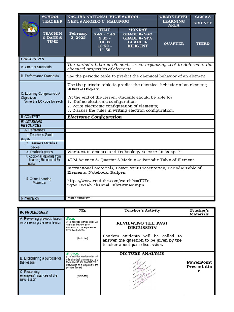 Lesson Plan Grade 8 Electron Configuration | PDF | Electron ...