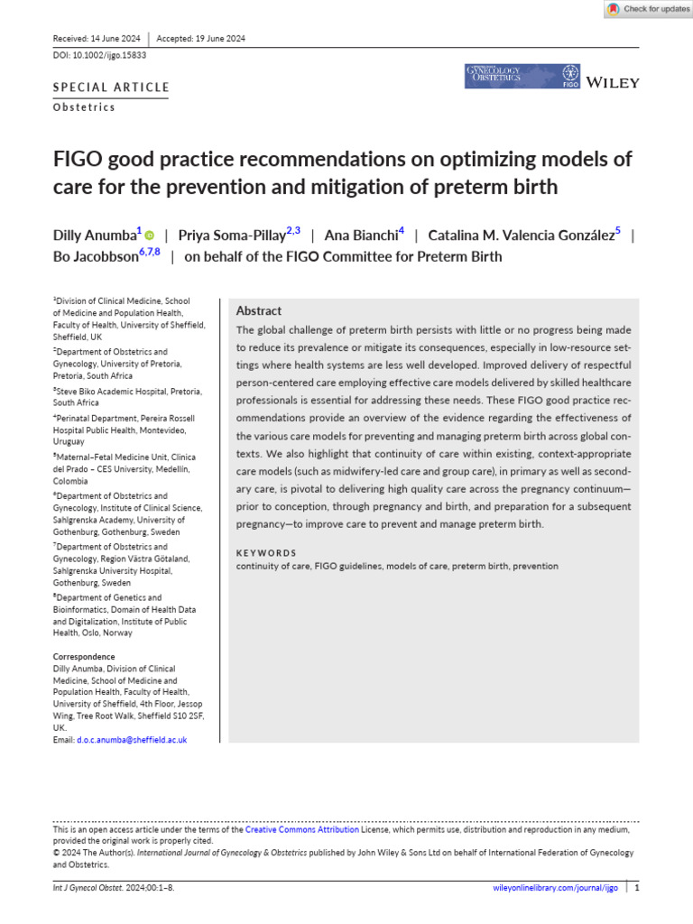 Intl J Gynecology Obste - 2024 - Anumba - FIGO Good Practice Recommendations On Optimizing ...