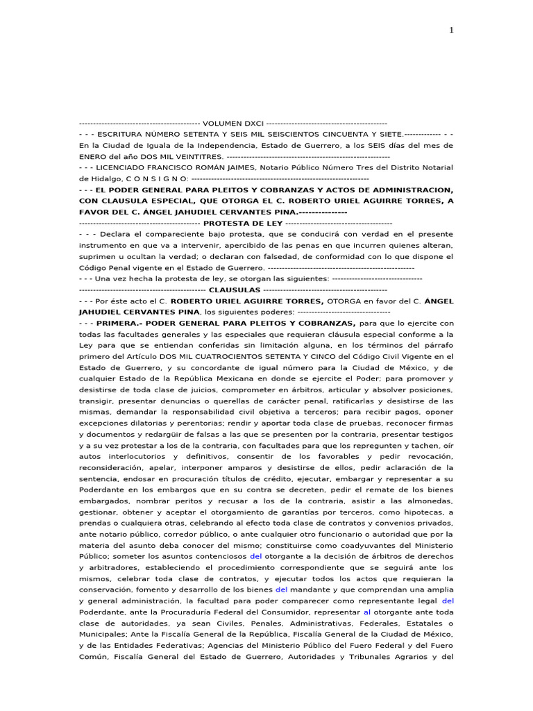 Poder General-Pleitos y Cobranzas-Administracion Con Clausula Especial ...