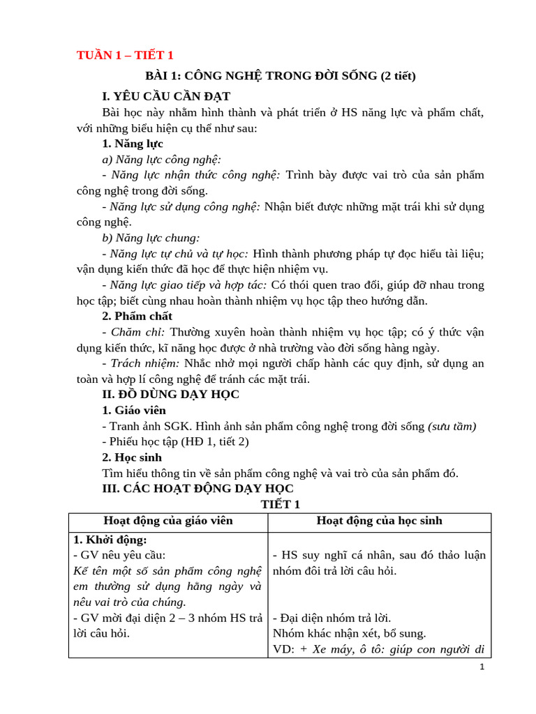 KHBD CÔNG NGHỆ BÀI 1-5 mới | PDF