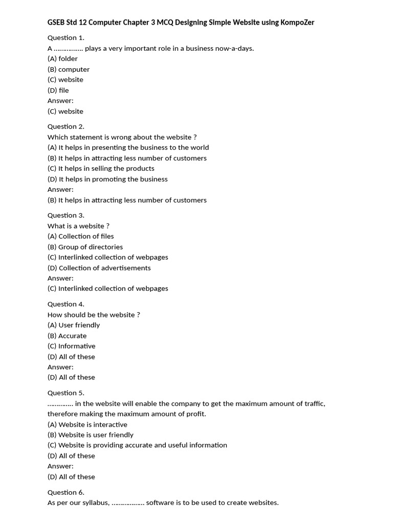 GSEB STD 12 Computer Chapter 3 MCQ Designing Simple Website Using KompoZer | PDF | World Wide ...