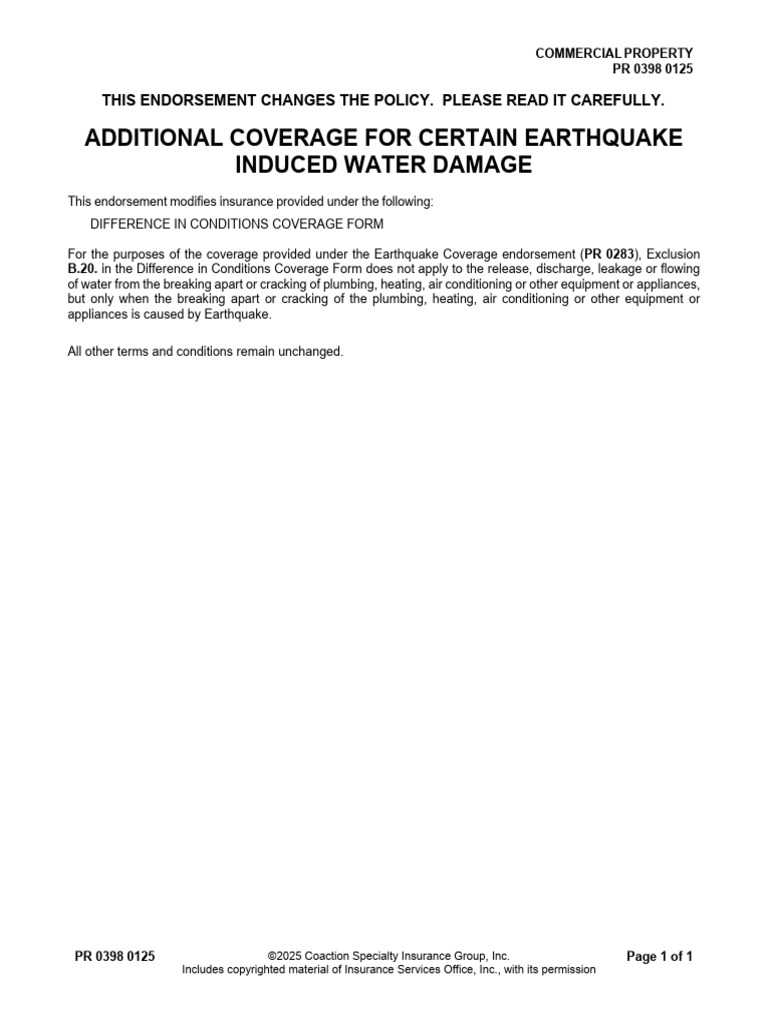 PR 0398 0125 Additional Coverage For Certain Earthquake Induced Water ...