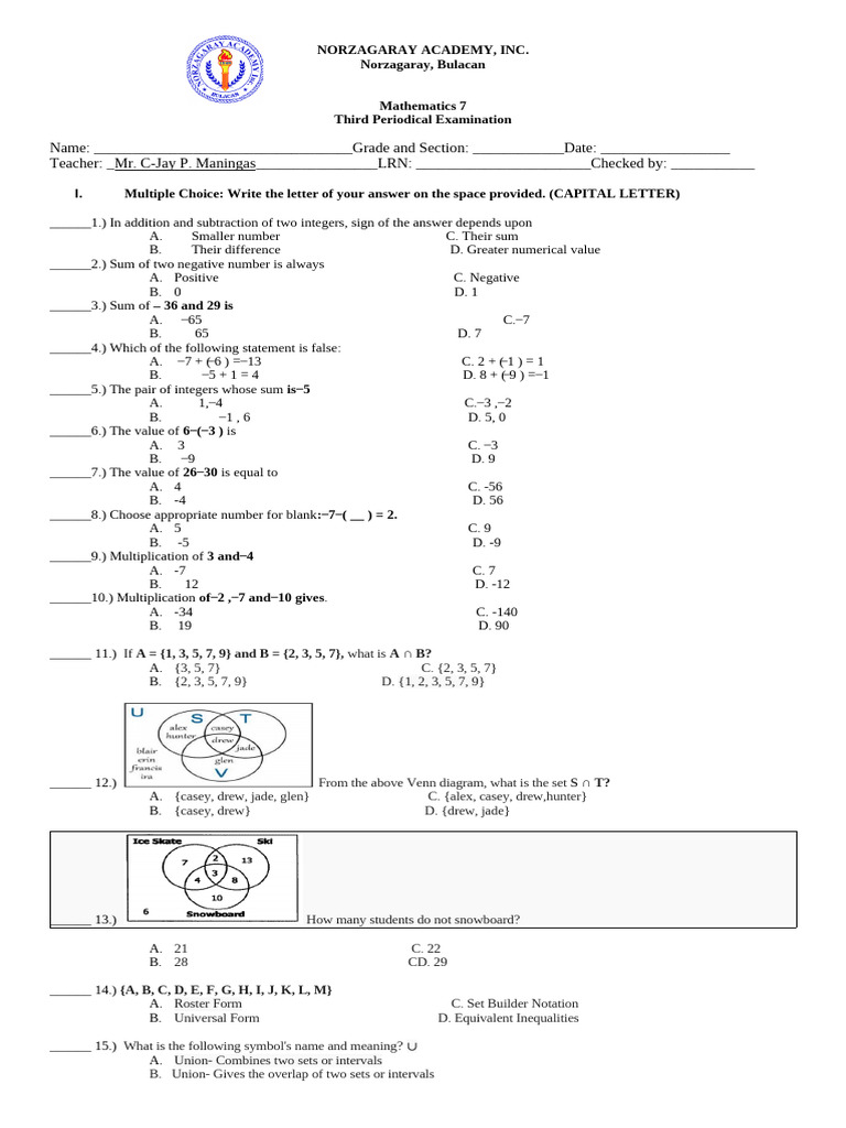 Math 7 Periodical Exam Guide | PDF | Set (Mathematics) | Numbers