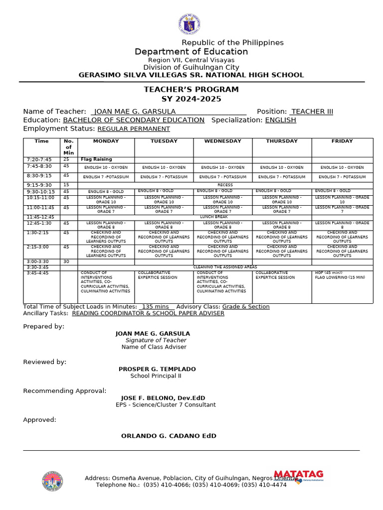 Template For Teacher Prog JHS Pure | PDF | Teaching | Learning