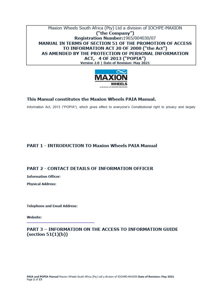 Maxion Wheels PAIA Manual May 2021 | PDF | Employment | Discovery (Law)