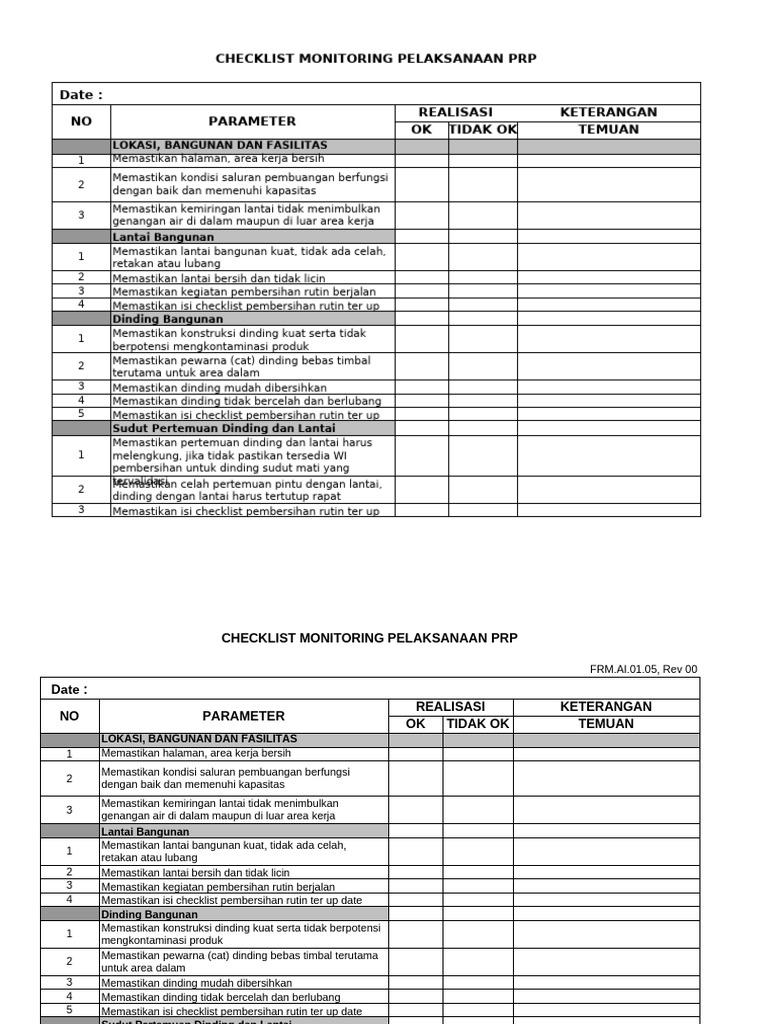 FRM - AI.01.05 Checklist Monitoring Pelaksanaan PRP | PDF