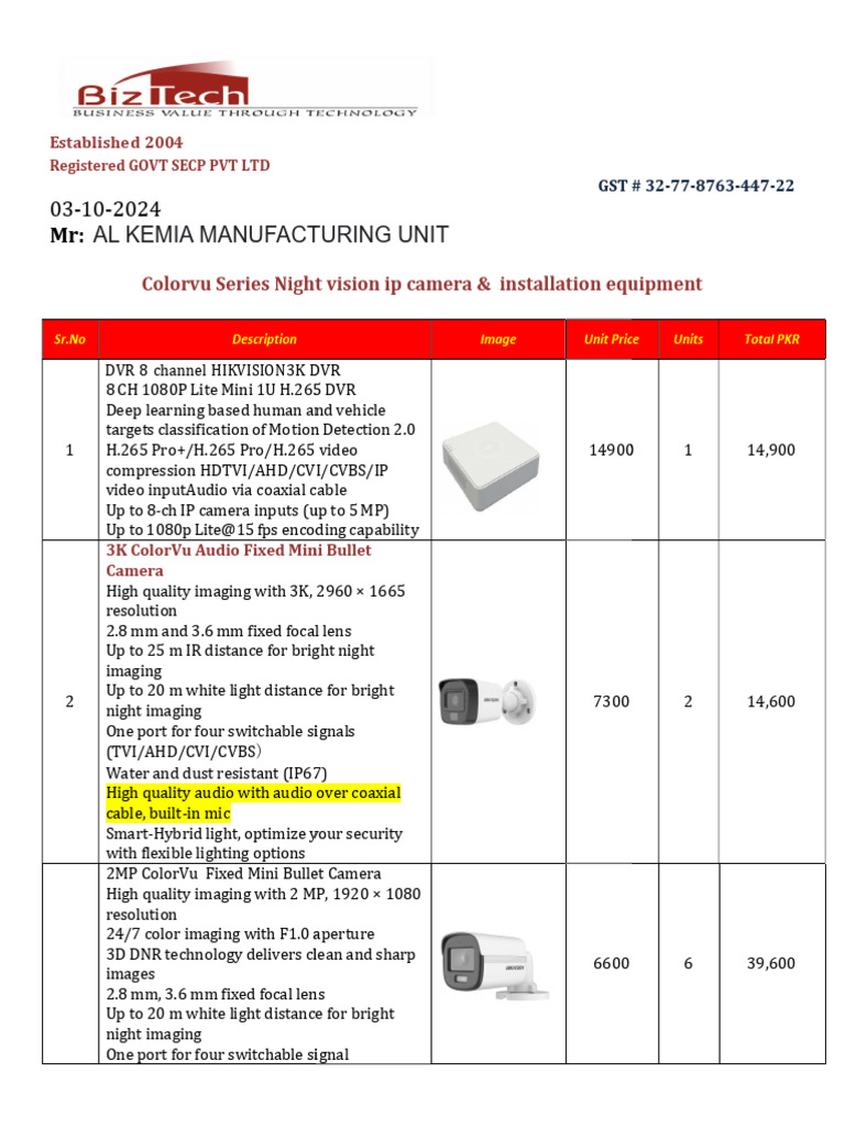 Al Kemia Manufacturing Unit 03-10-24 | PDF | Camera | Electronics