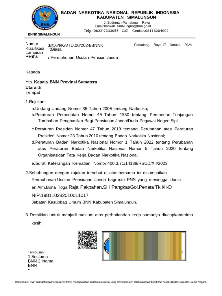 Surat Permohonan Kenaikan Pangkat Pengabdian An. Alm. Bona Toga Raja ...