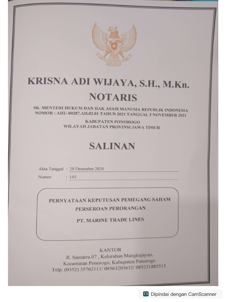 SALINAN AKTA PENDIRIAN - PT. MARINE TRADE LINES | PDF