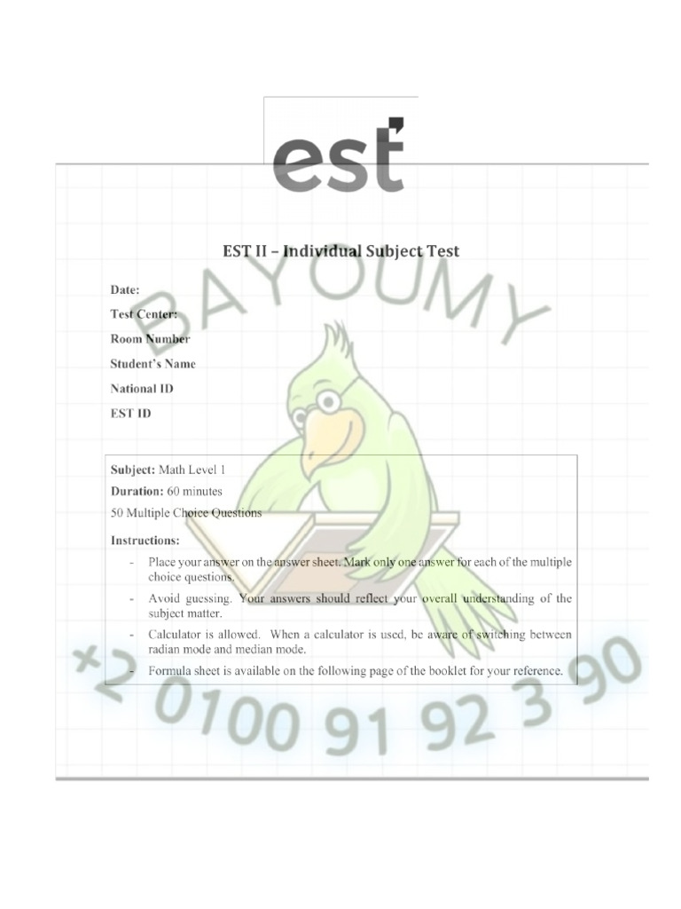 New Released MR - Bayoumy EST 2 Math Level 1 - Test Sample | PDF