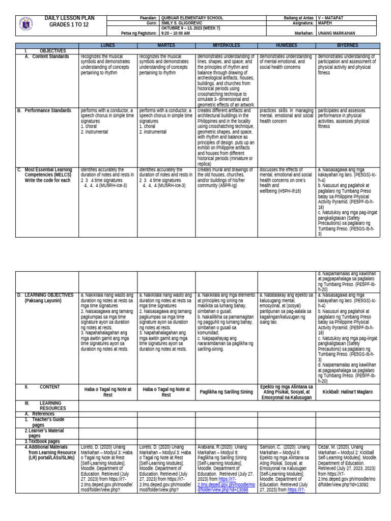 G5 Q1W7 DLL MAPEH (MELCs) | PDF