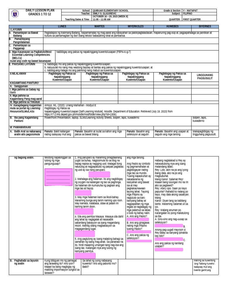G5 Q1W8 DLL FILIPINO (MELCs) | PDF
