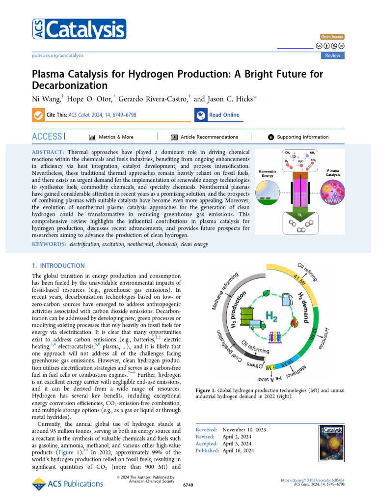 Hydrogen production | PDF | Plasma (Physics) | Hydrogen