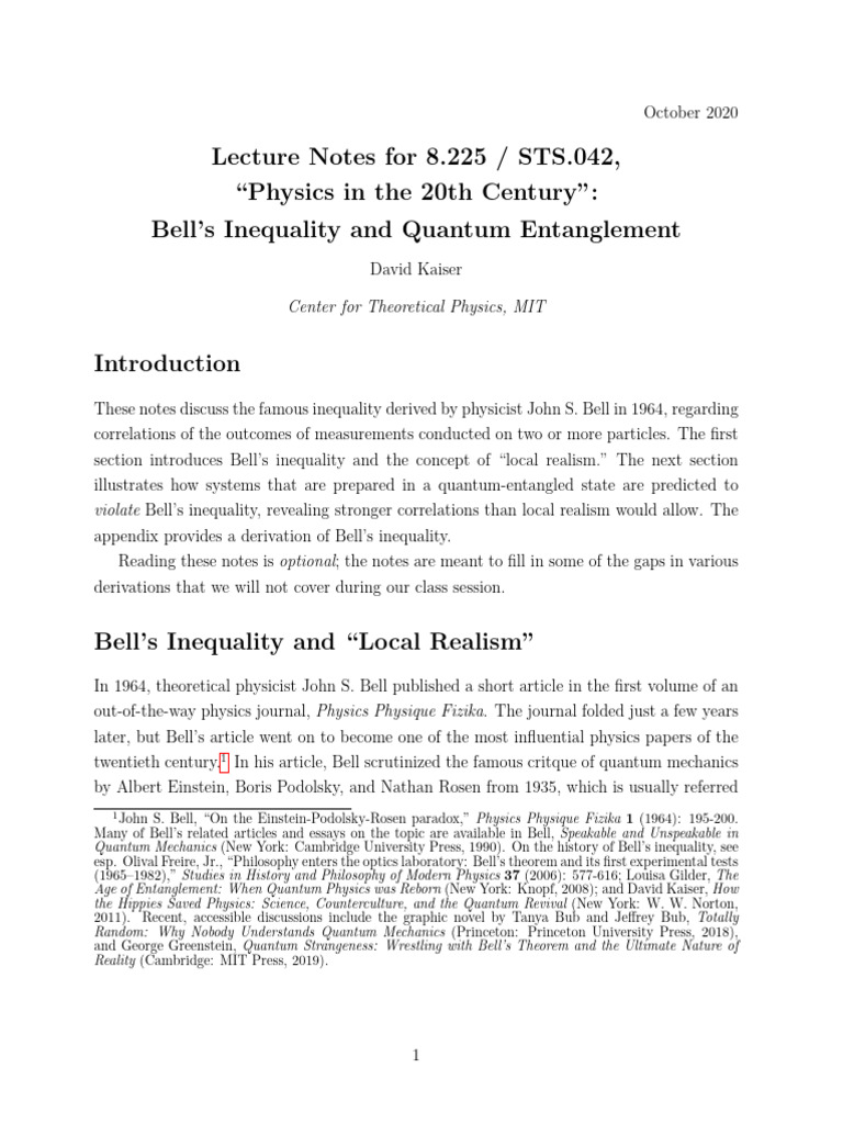 Mitsts 042j f20 Lecnote Bellsinequality | PDF | Quantum Entanglement | Quantum Mechanics