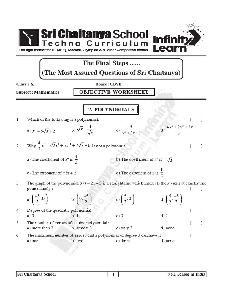 Polynomials The Final Steps (MCQ'S) WS | PDF | Zero Of A Function | Polynomial