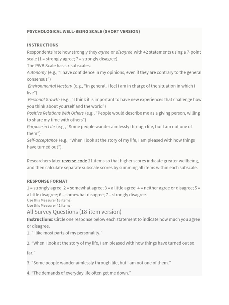 Psychological Well-Being Scale Overview | PDF | Psychological Concepts ...