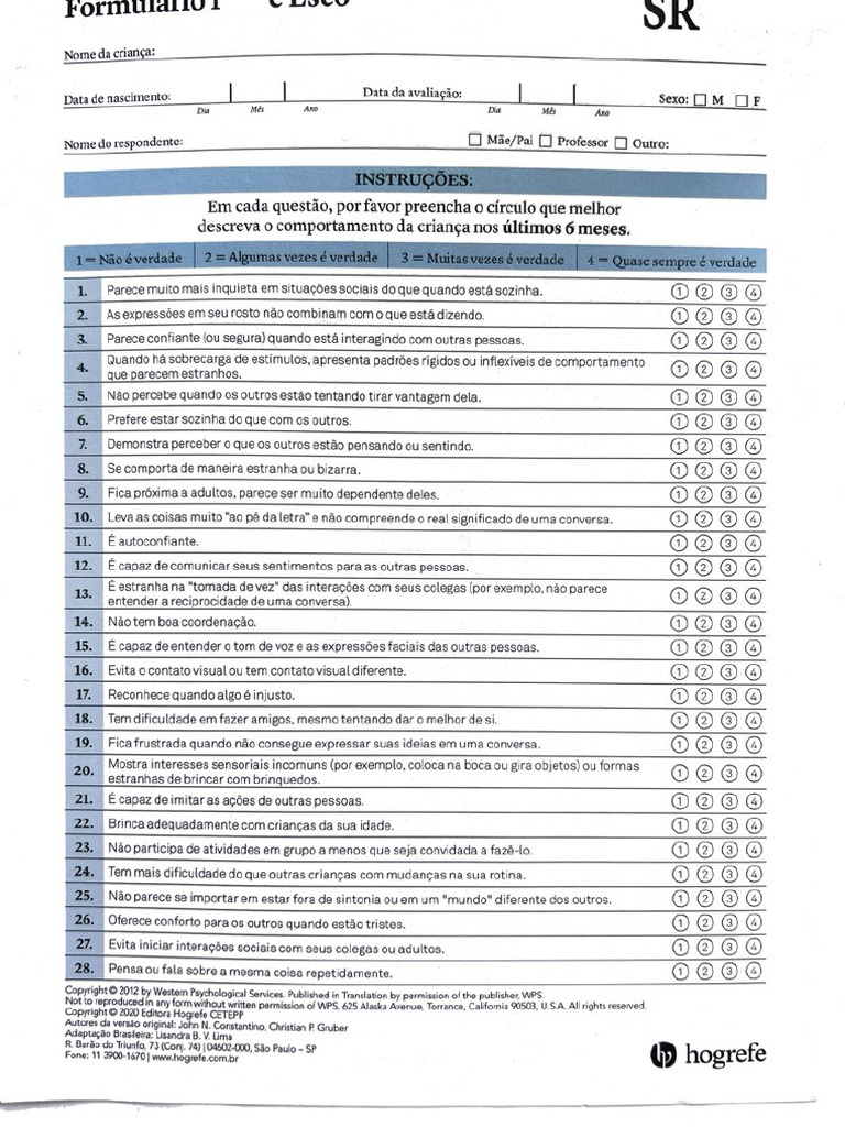 SRS-2 Questionário Idade Escolar | PDF