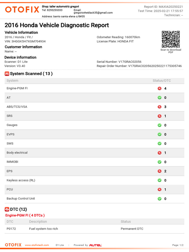 2016 Honda Vehicle Diagnostic Report - 3HGGK5H7XGM704934 ...
