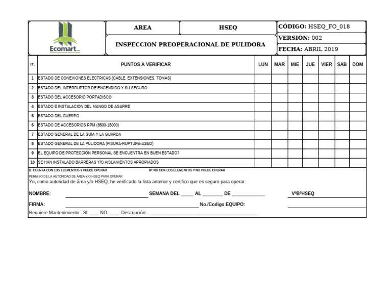 Hseq - Fo - 018 Inspeccion Preoperacional de Pulidora | PDF