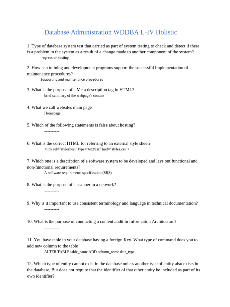 Database Administration WDDBA Level 4 Coc With Answer | PDF | Databases | Html