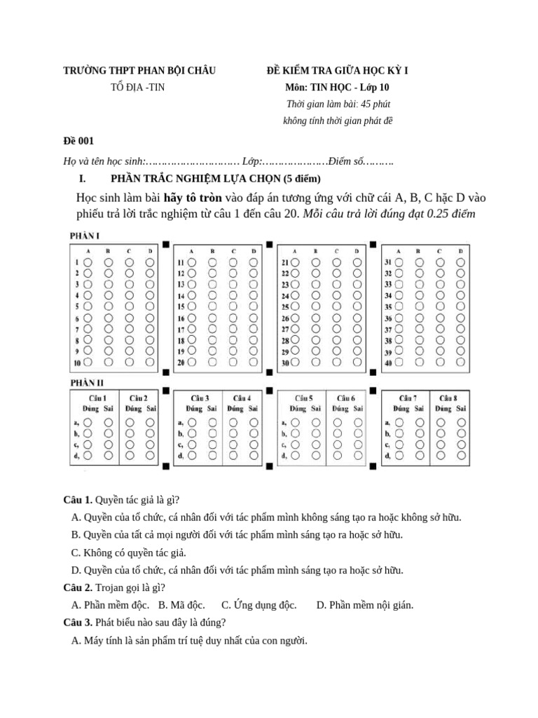 ĐỀ THI GIỮA HK1- Mã đề 001- Tin 10 | PDF