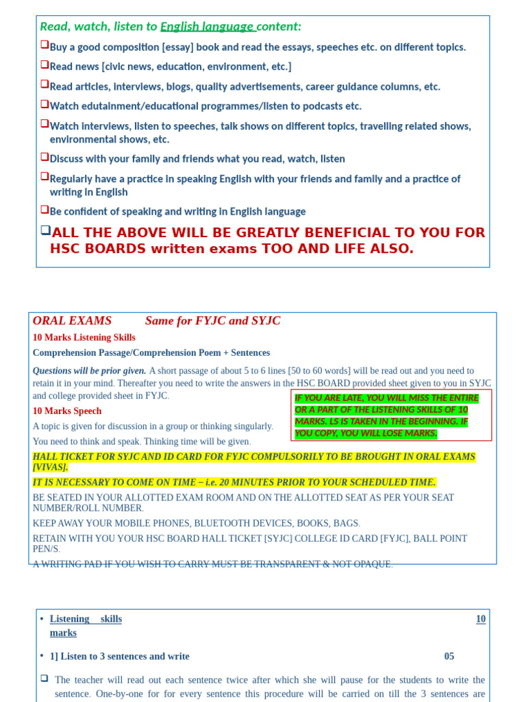 English Skills for HSC Oral Exams | PDF | Reading Comprehension | Learning