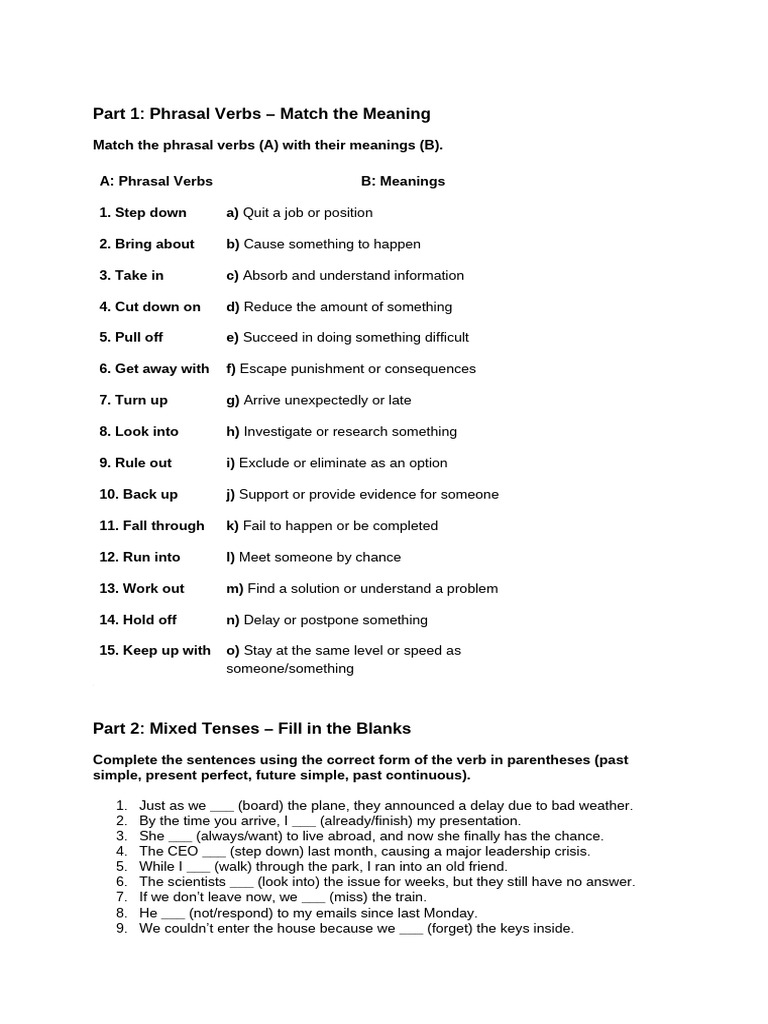 Phrasal Verbs and Mixed Tenses Exercises | PDF