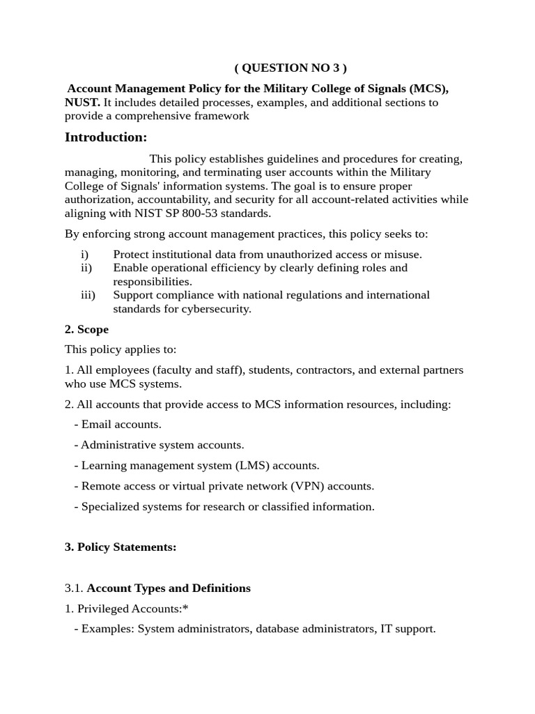 (Question No 3) Account Management Policy For The Military College of ...