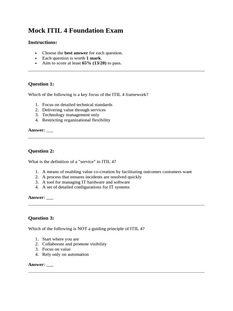 ITIL 4 Foundation Mock Exam Questions | PDF | It Service Management ...