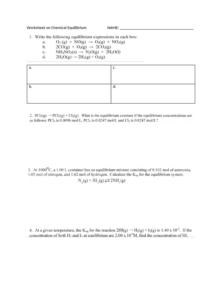 Worksheet On Chemical Equilibrium | PDF