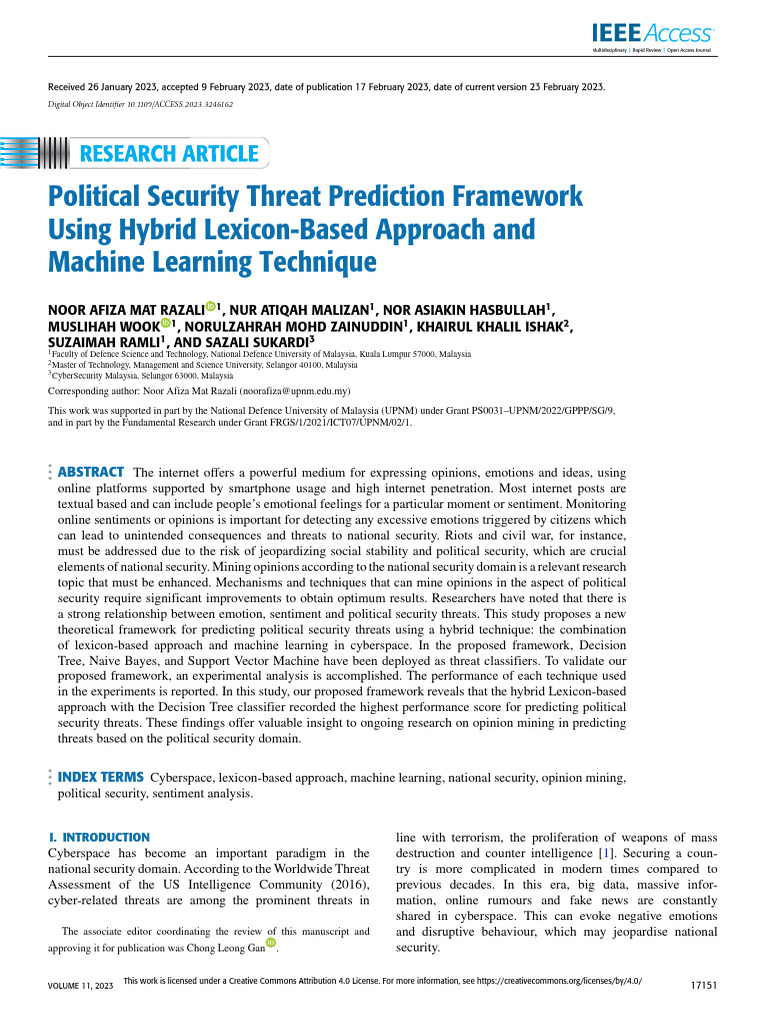 Political Security Threat Prediction Framework Using Hybrid Lexicon-Based Approach and Machine ...