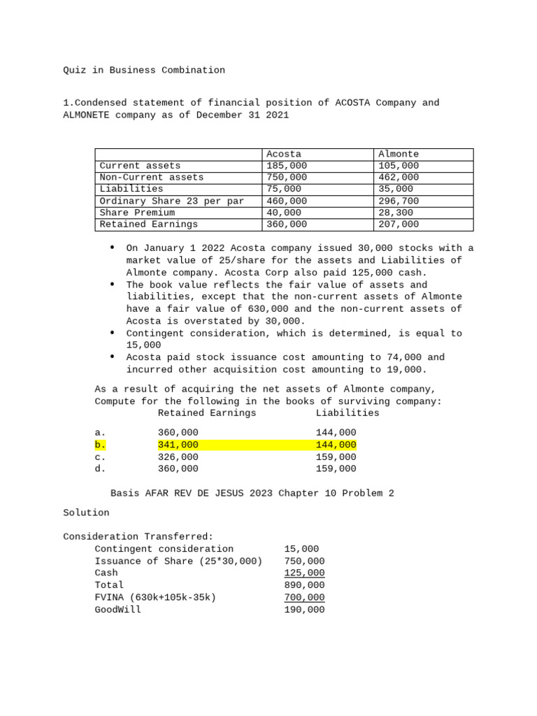 Quiz Prelim ABC SolMan | PDF | Book Value | Goodwill (Accounting)