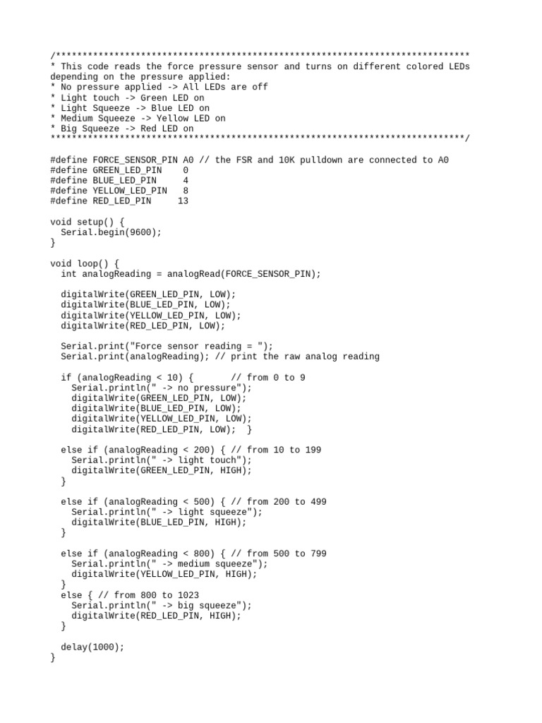 Arduino Sketch For Force Pressure Sensor | PDF