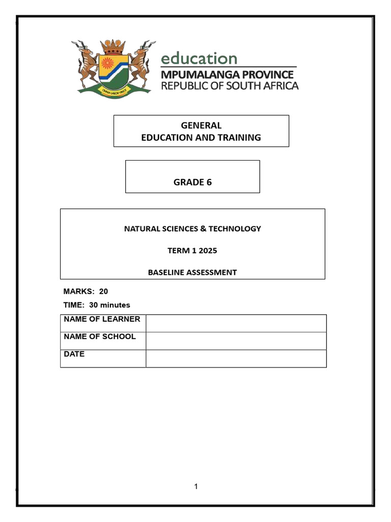1 Grade 6 NST Term 1 Baseline Assessment QP 2025 Today 2 | PDF | Foods ...