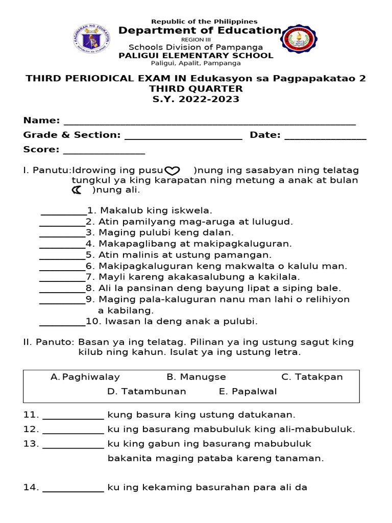 3rd Periodical Exam Esp 2 2022 2023 | PDF