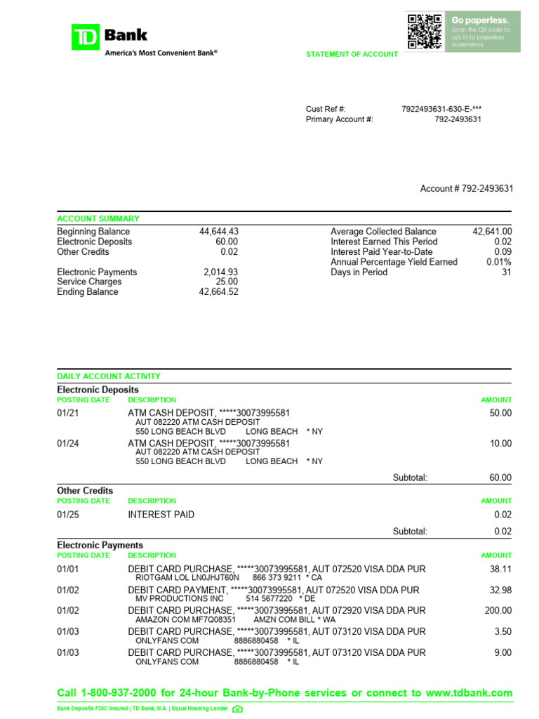 TD Bank Statement - Pdf-Unlocked | PDF | Credit Card | Visa Inc.